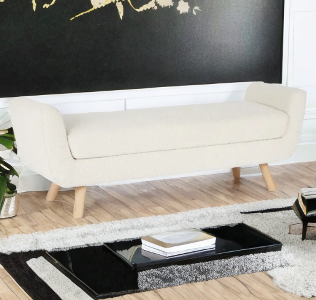60" Ivory Entry Boucle Bench Designer Wood Legs New Quality Mid Centur ...